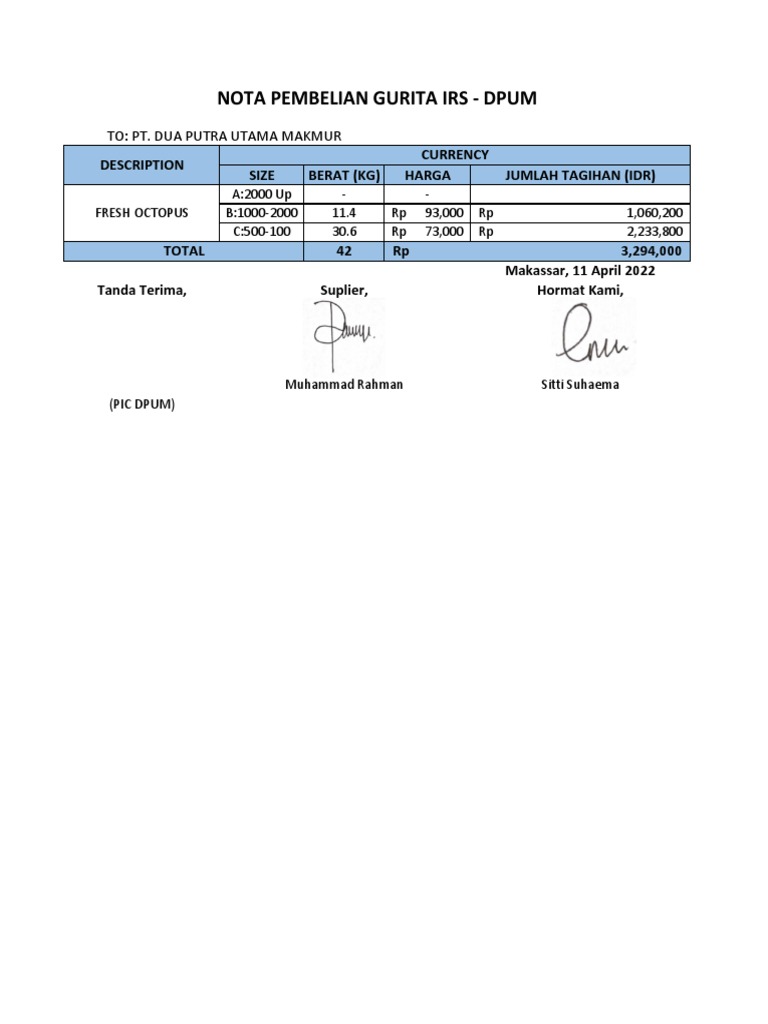 Nota Pembelian Gurita Irs - Dpum | PDF