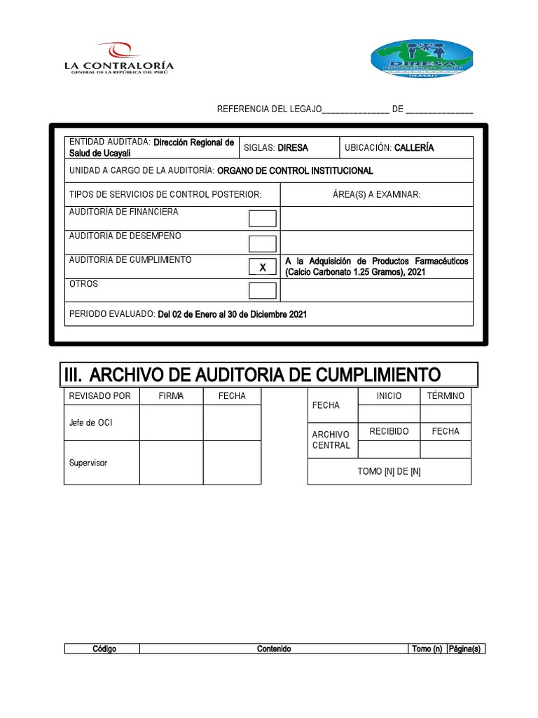 Caratula Indice Archivo de Auditoria de Cumplimiento | PDF | Auditoría | Gestión de riesgos