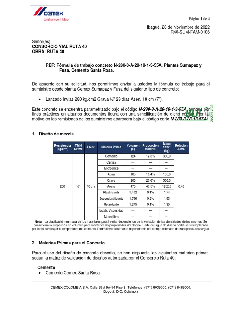 Fórmula de Concreto N-280-3 para Ruta 40 | PDF | Hormigón | Agua