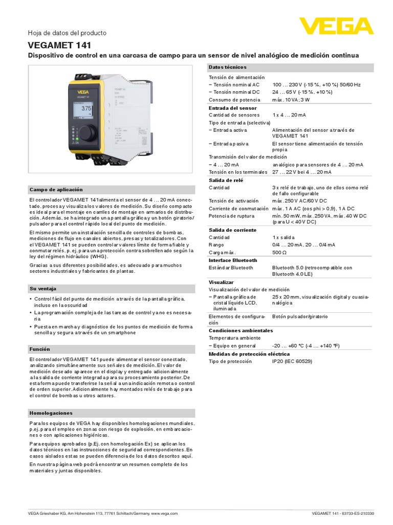 ES Data Sheet VEGAMET 141 Dispositivo de Control en Una Carcasa de ...