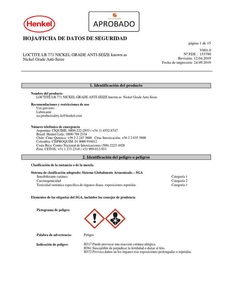 Hoja/Ficha de Datos de Seguridad: Loctite LB 771 Nickel Grade Anti ...