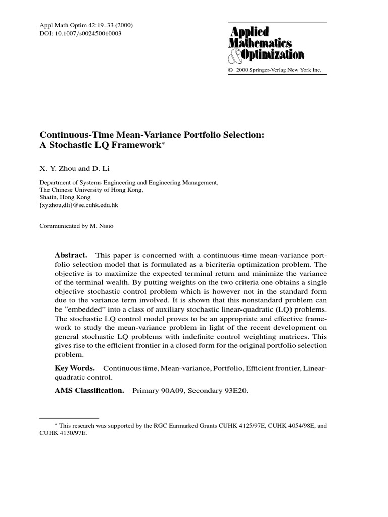 Continuous Time Mean Variance Portfolio Pdf Modern Portfolio Theory