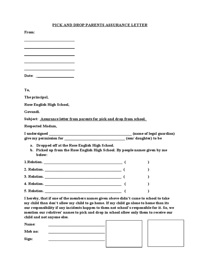 Pick and Drop Parents Assurance Letter | PDF