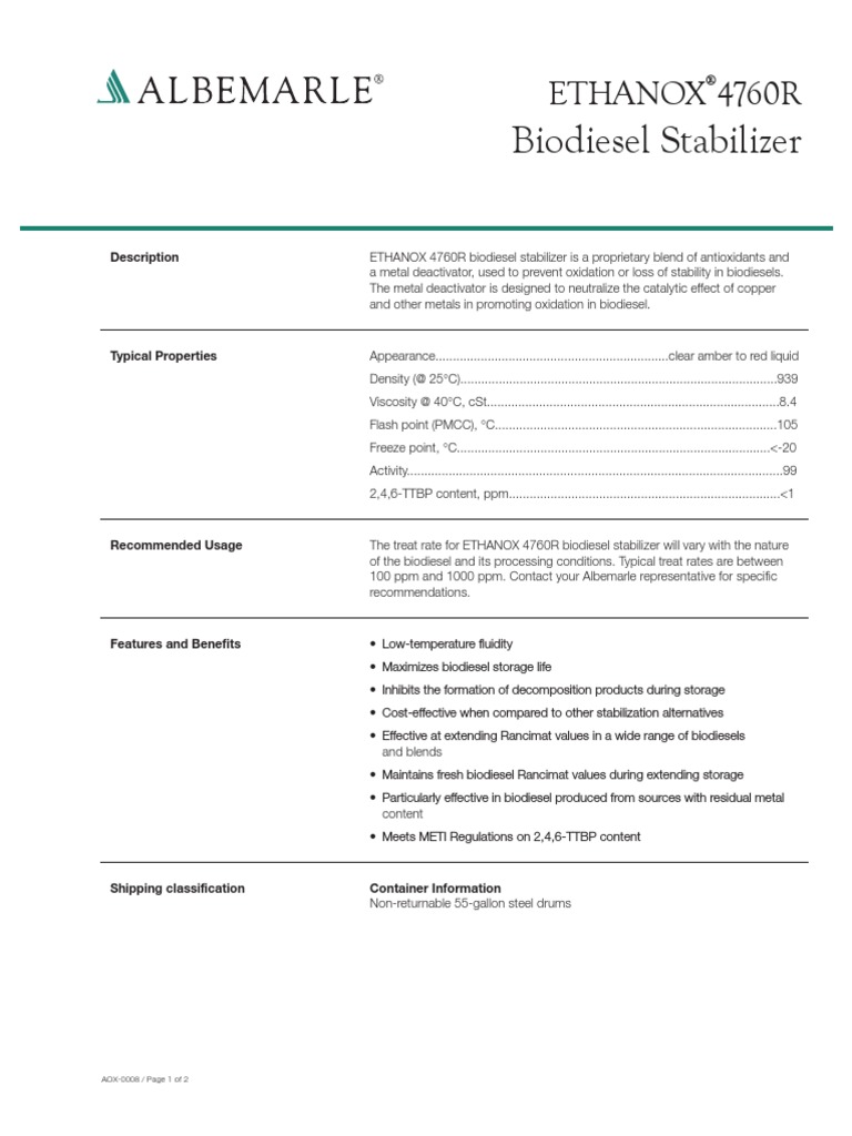 AOX-0008 - Ethanox - 4760R Fuel | PDF | Biodiesel | Viscosity