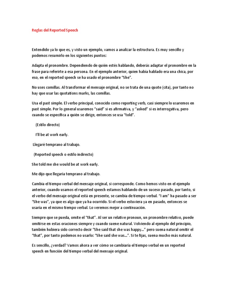 Reglas del Reported Speech | PDF | Verbo | Mecánica del lenguaje