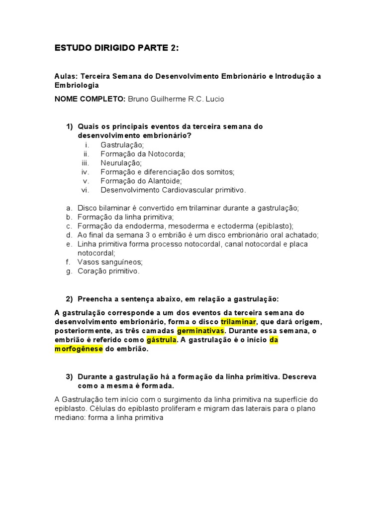 Estudo Dirigido Parte 2 | PDF | Biologia de Desenvolvimento | Zoologia