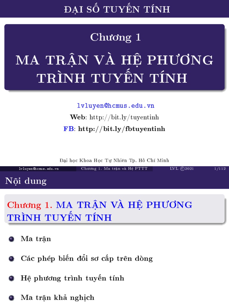 Slide - Chuong 1 - Ma Tran Va He Phuong Trinh Tuyen Tinh | PDF