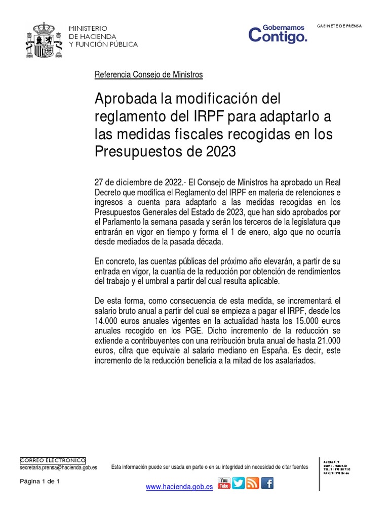 27 12 22 NP CM Reglamento IRPF | PDF | Gobierno | Economias