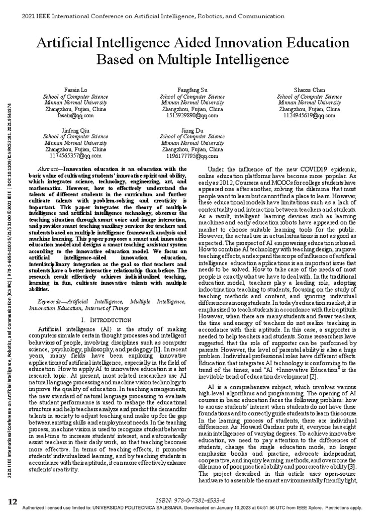 5 Artificial Intelligence Aided Innovation Education Based On Multiple Intelligence | PDF ...