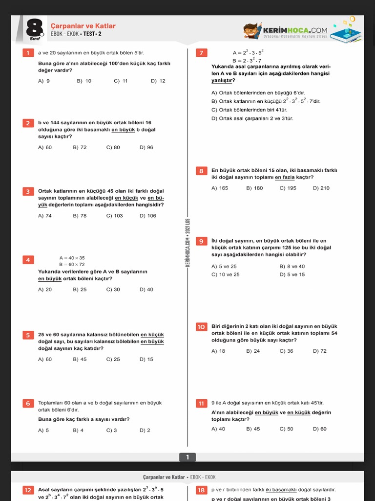 8.Sınıf-Ebob-Ekok-Test-2.pdf - Google Drive | PDF