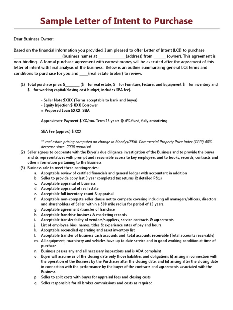 Sample Letter of Intent To Purchase | PDF | Real Estate Appraisal ...