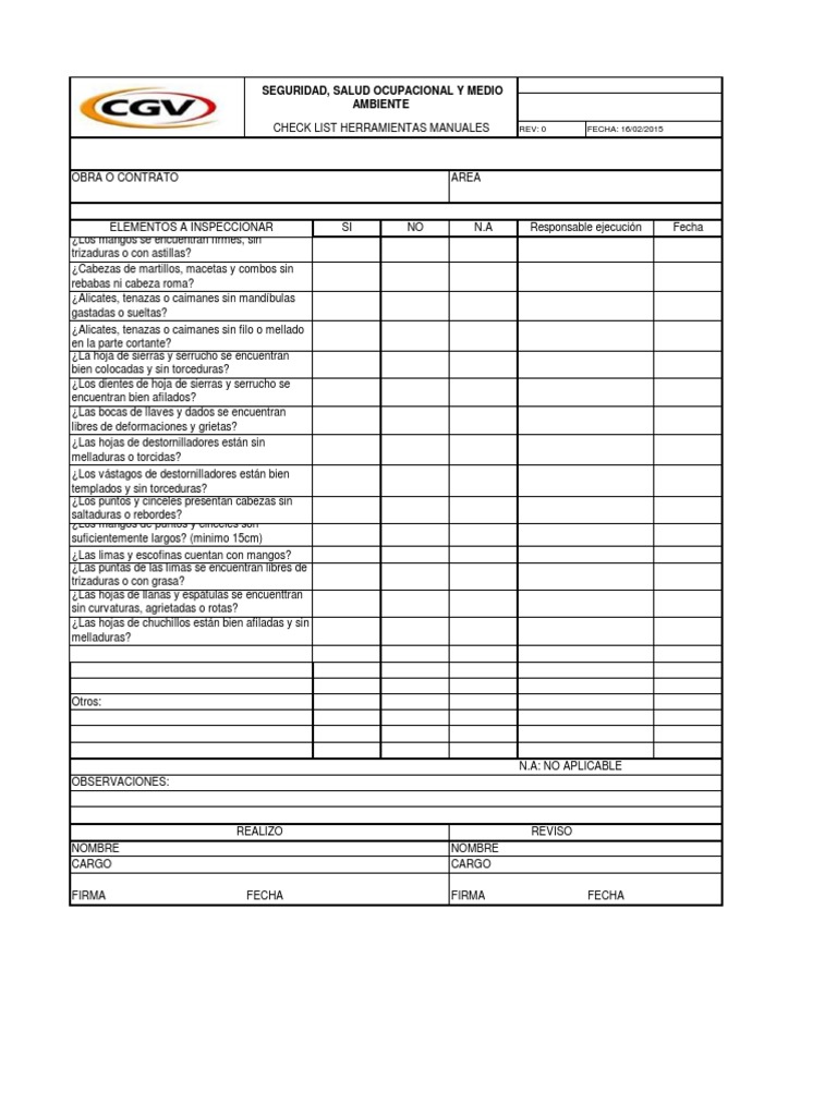 Check List Herramientas Manuales | PDF