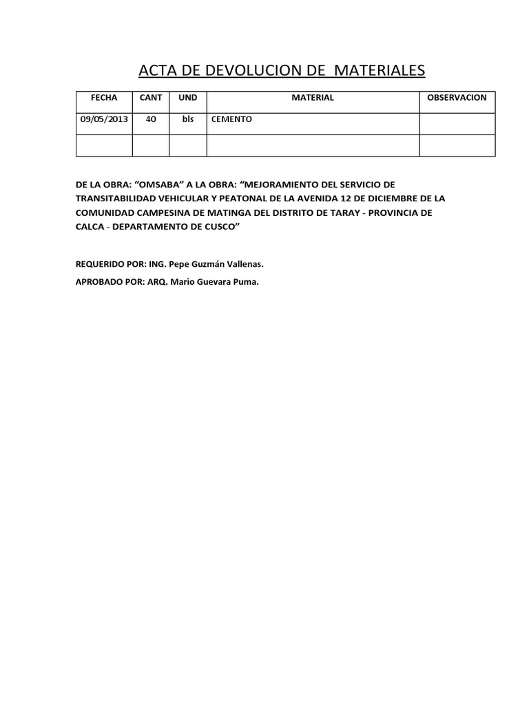 Acta de Devolucion de Materiales | PDF