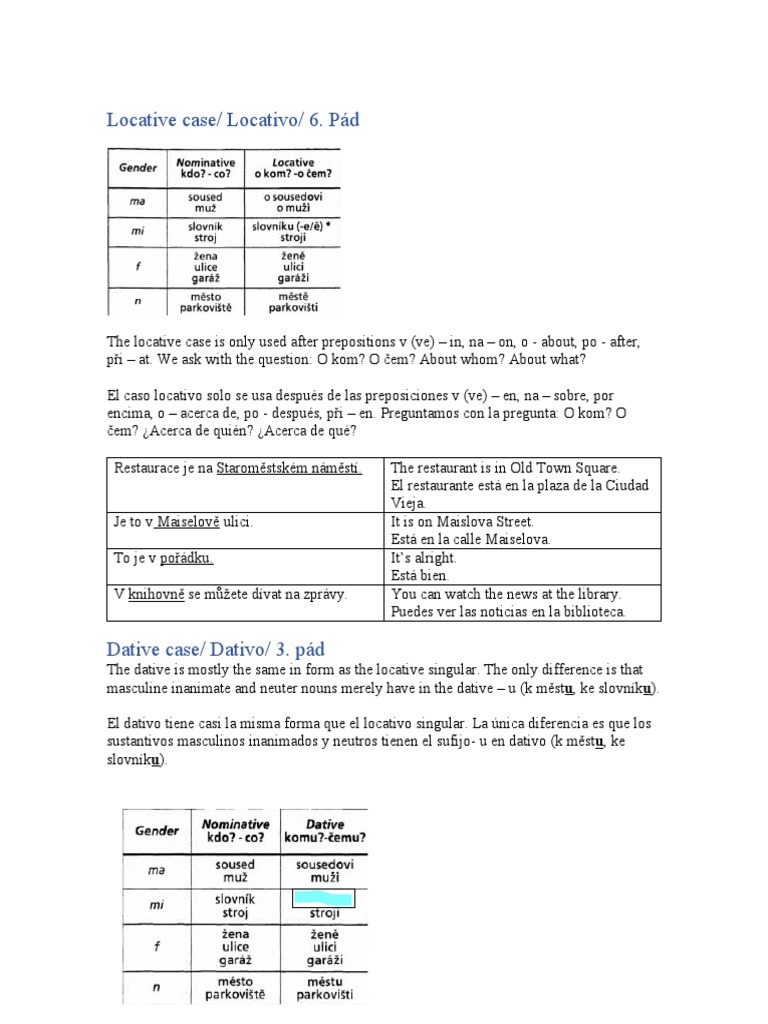 Locative + Dative Cases in Czech | PDF | Relaciones sintácticas ...