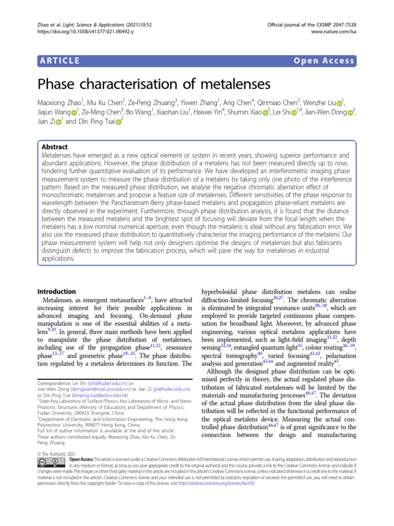 Phase Characterisation of Metalenses: Article Openaccess | PDF | Optics | Natural Philosophy