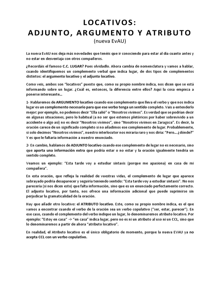 LOCATIVOS - Argumentos, Adjuntos y Atributos | PDF | Verbo | Oración (Lingüística)