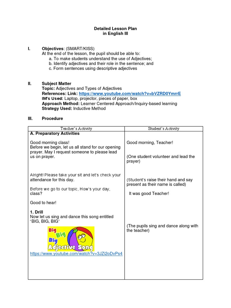 Detailed Lesson Plan on Adjectives | PDF | Noun | Adjective