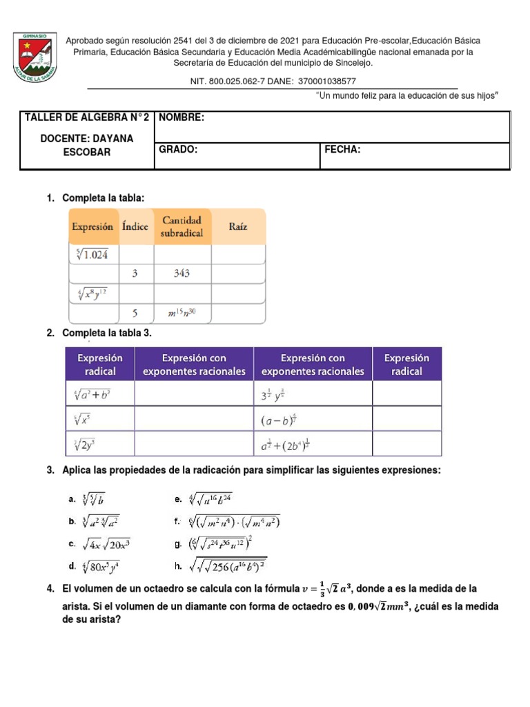 Taller Radicación de Numeros Reales | PDF