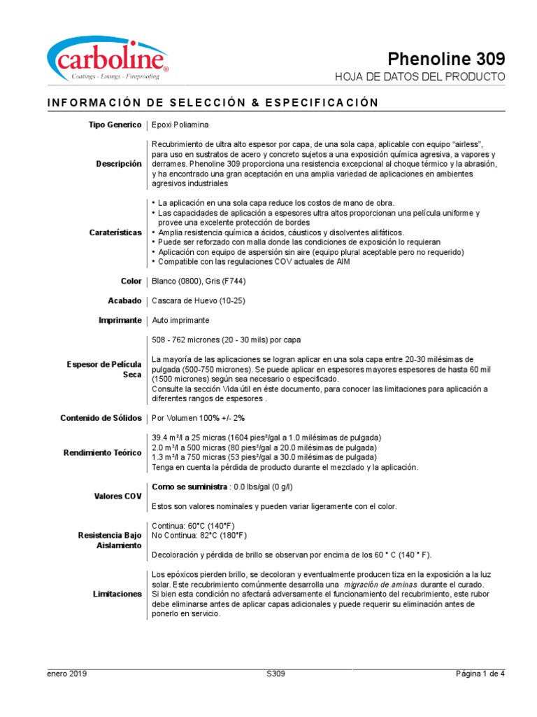 Hoja de datos técnicos de Phenoline 309, un recubrimiento epoxi de alta ...