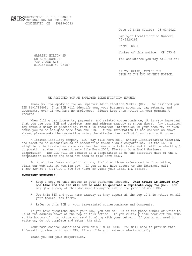 EIN Assignment Notification | PDF | Limited Liability Company | Irs Tax ...