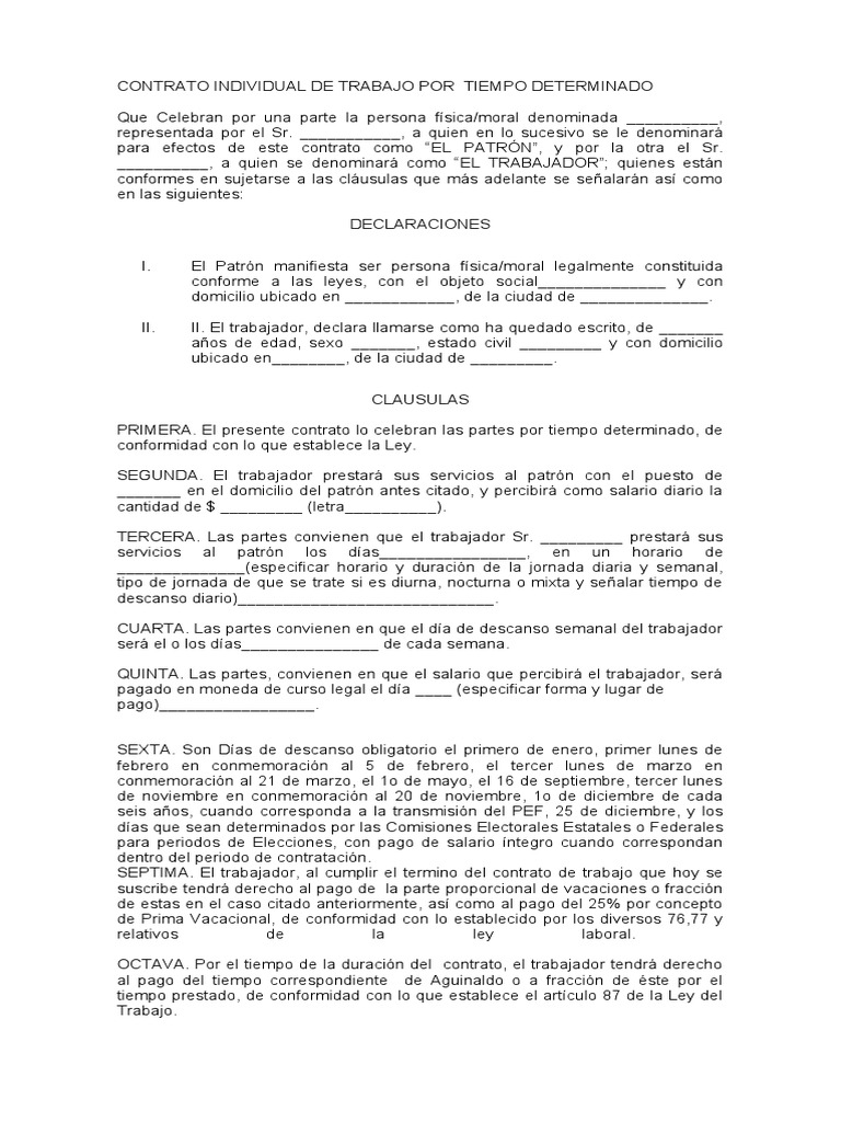 Contrato Individual de Trabajo Por Tiempo Determinado | PDF | Salario ...