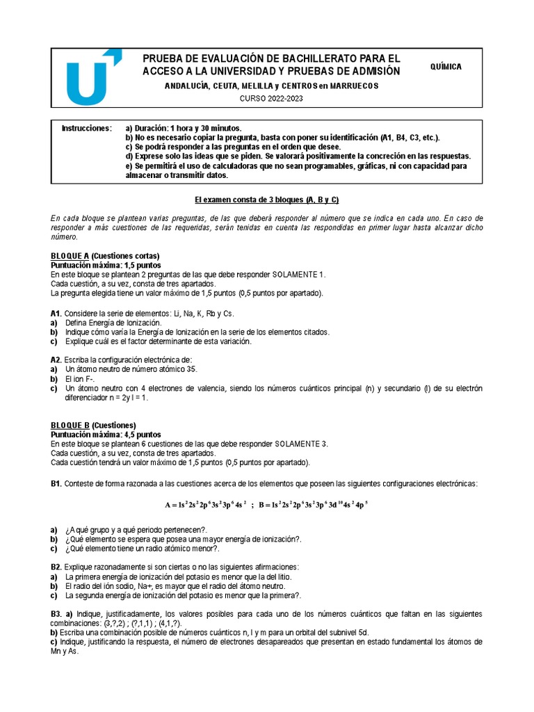 Examen Ud2 - Nuevo - Química 22:23 | PDF | Ion | Configuración electronica