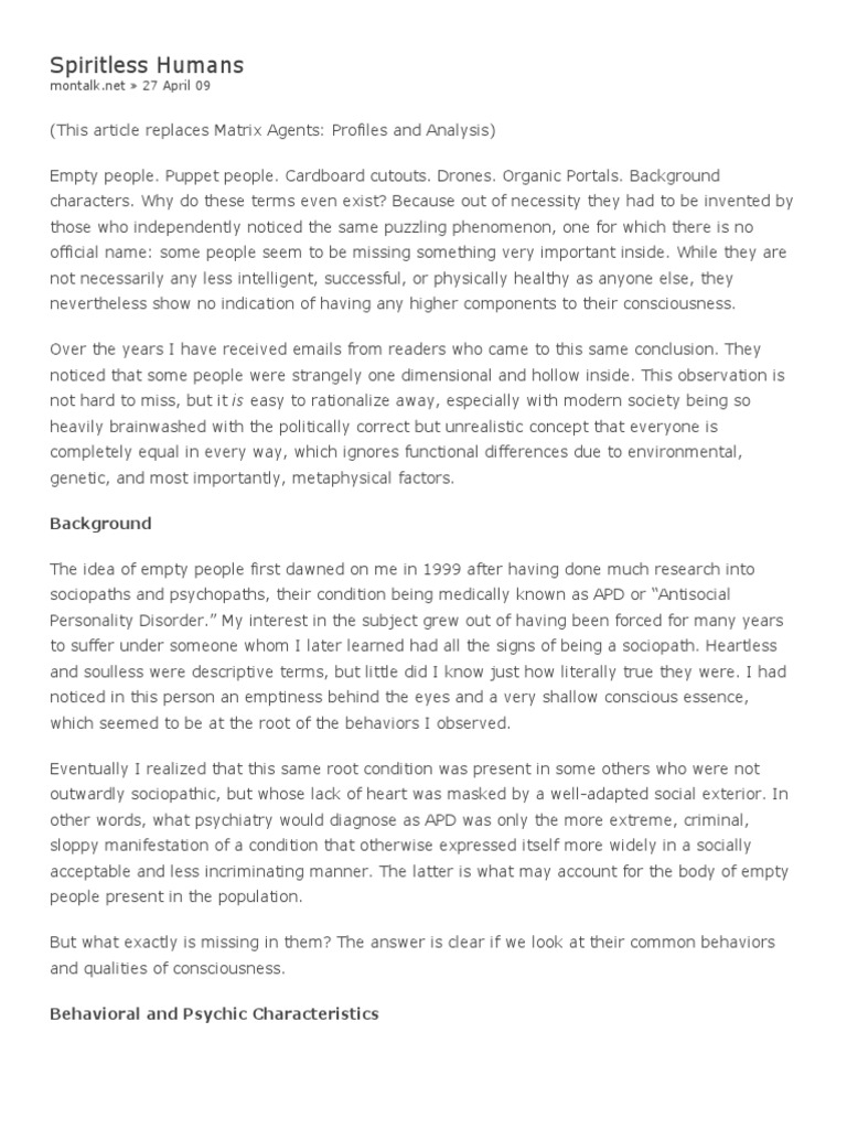 Spiritless Humans - MontalkdotNet | PDF | Soul | Psychopathy