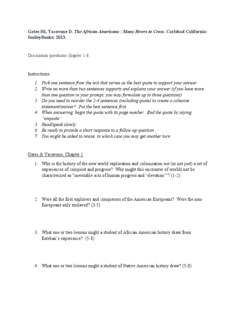 Many Rivers To Cross, Gates Yacavone, Discussion Questions Chapters 1-6 ...