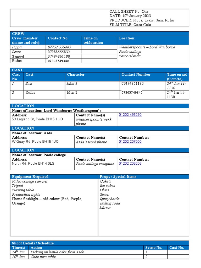 Coke Call Sheet | PDF