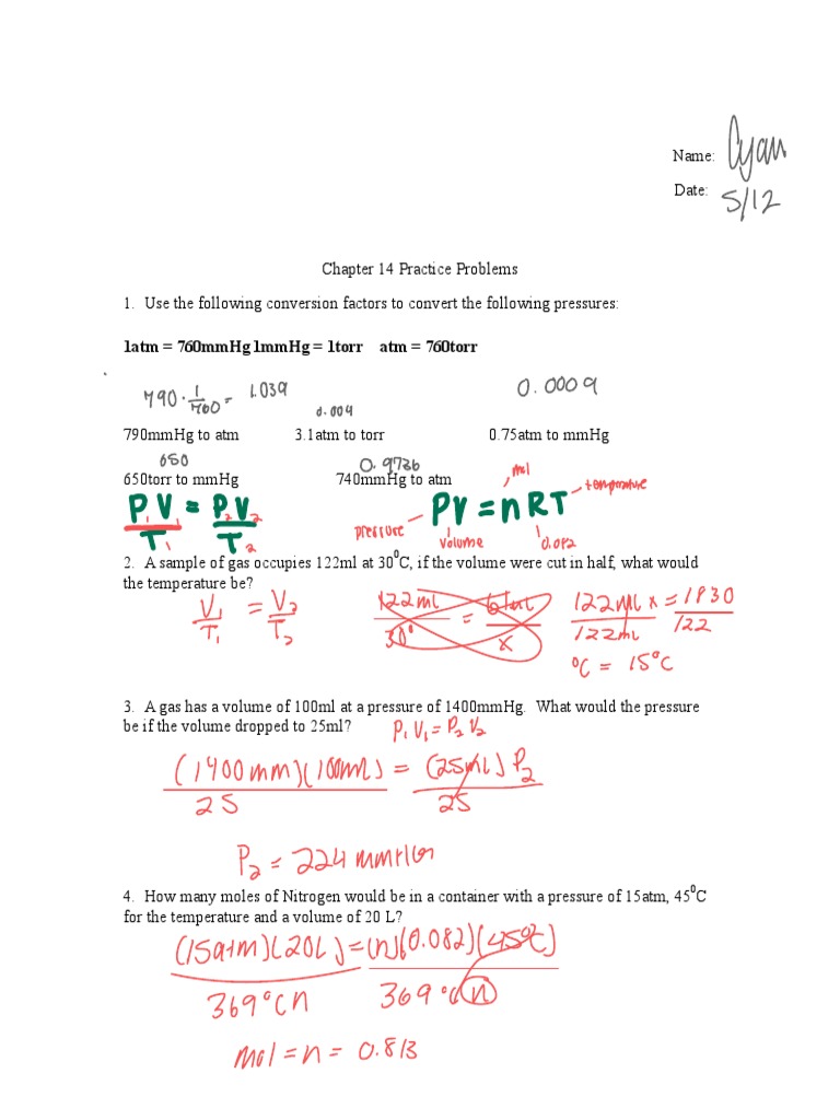 Gas Law Practice Problems and Solutions | PDF | Gases | Temperature