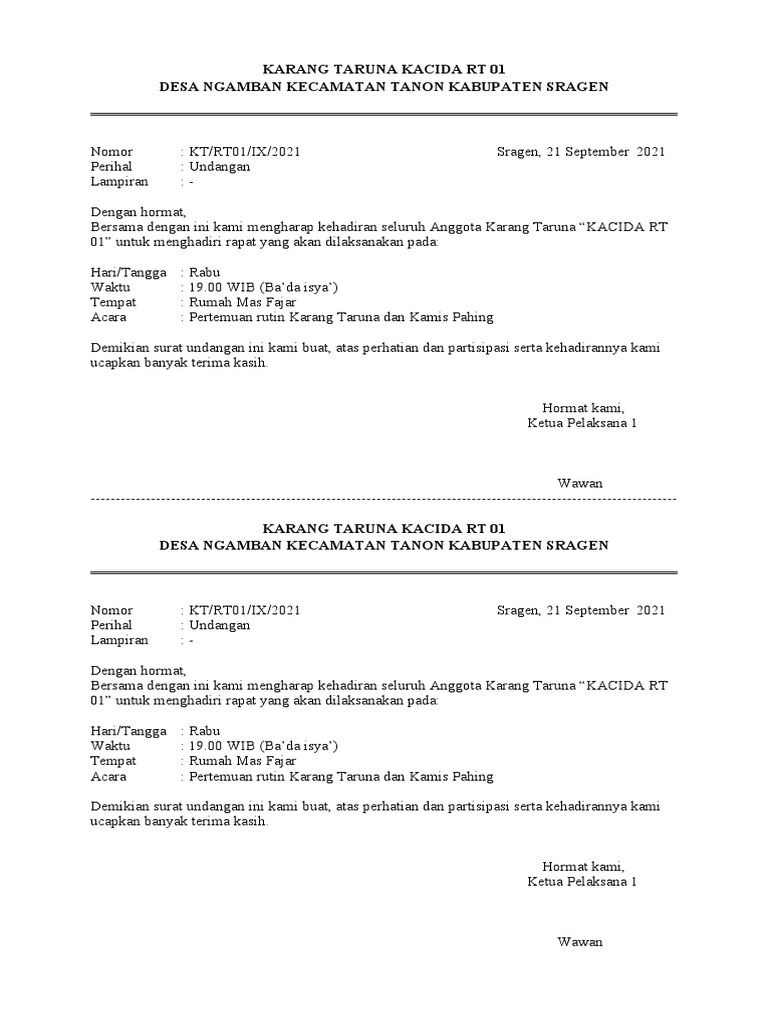 Contoh Undangan PERTEMUAN RT | PDF