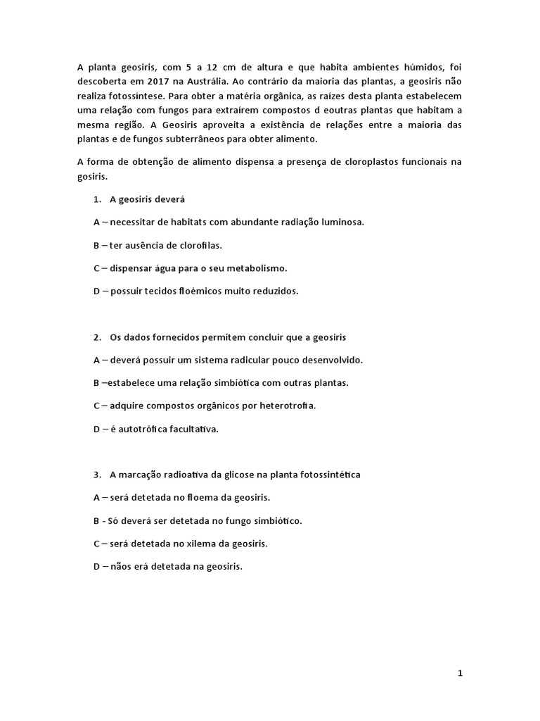 Geosiris: Planta Heterotrófica e Simbiose | PDF | Osmose | Plantas