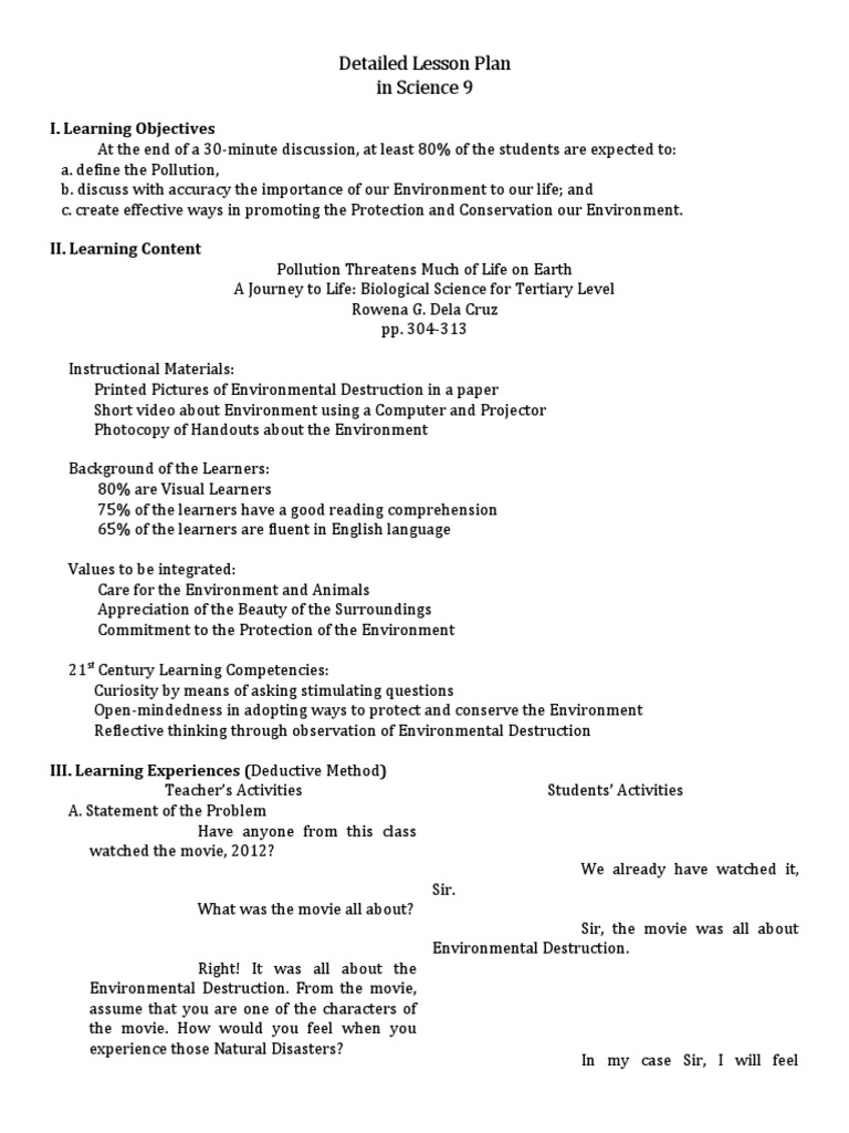 Detailed Lesson Plan - Deductive Method | PDF | Pollution | Waste