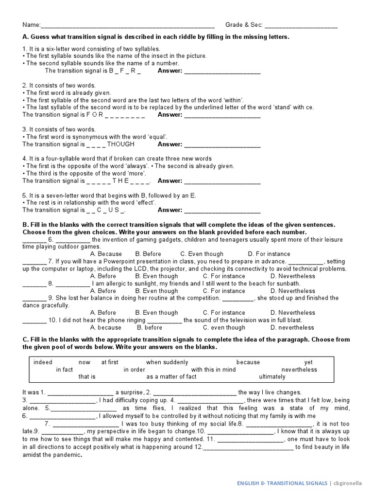 English Transition Signals Quiz | PDF | Cognition | Cognitive Science