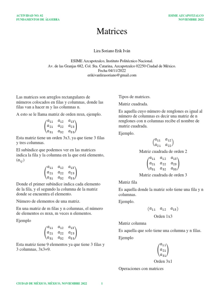 Operaciones Basicas Con Matrices | PDF | Matriz (Matemáticas) | Física teórica