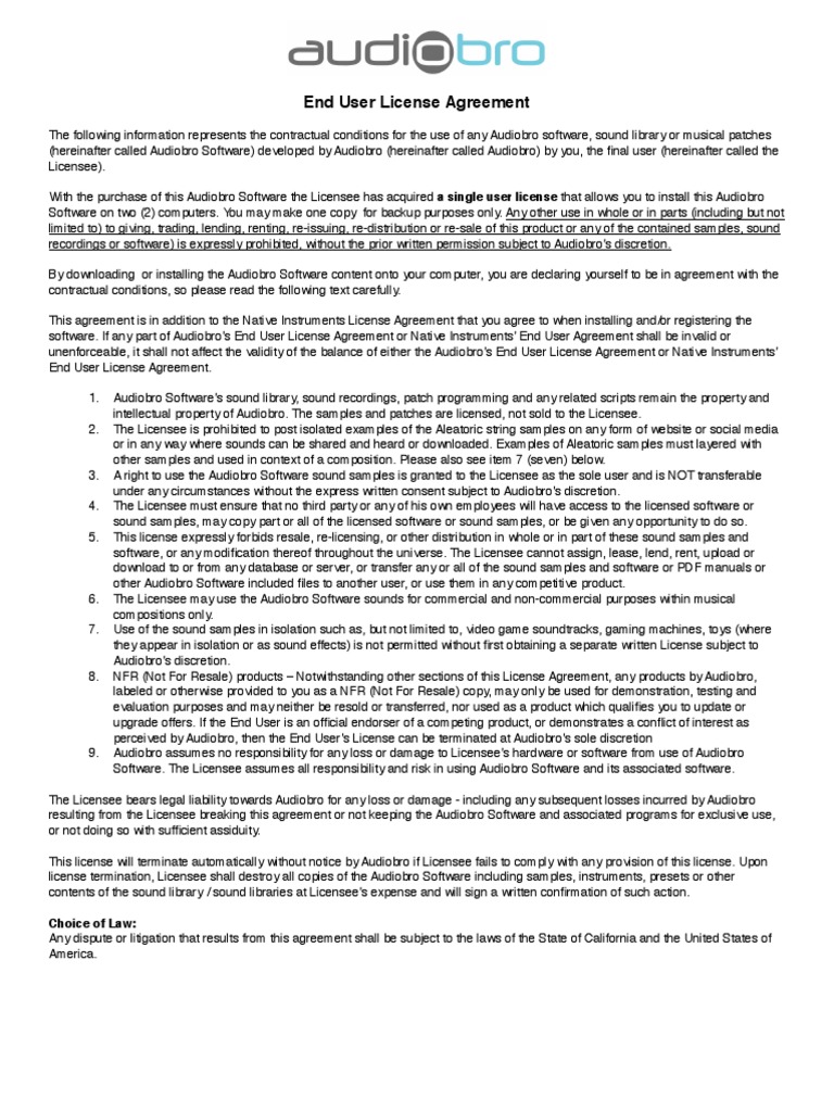 Audiobro Standard EULA 2021 MSS | PDF | License | Intellectual Works