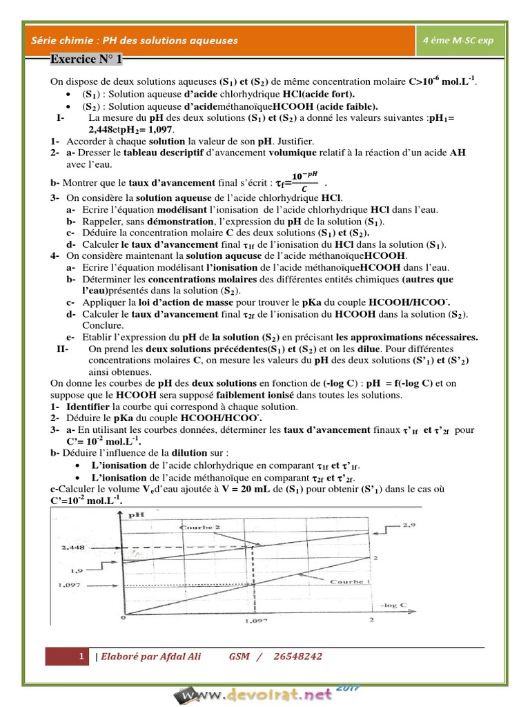 Série D'exercices - Chimie - PH Des Solution - Bac Math (2016-2017) MR ...