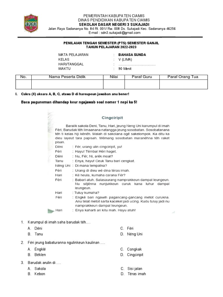 Soal Pts KLS 5 B.Sunda | PDF