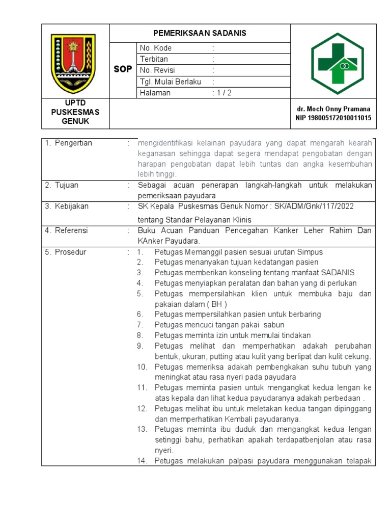 Prosedur Pemeriksaan SADANIS Payudara | PDF