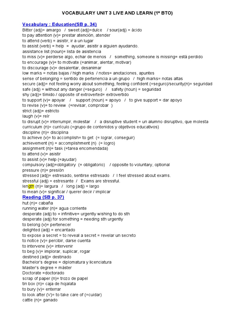 Vocabulary Unit 3 Live and Learn | PDF | Titles | Academia