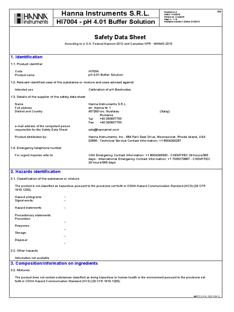 Buffer PH 4 HI 70004 | PDF | Dangerous Goods | Toxicity