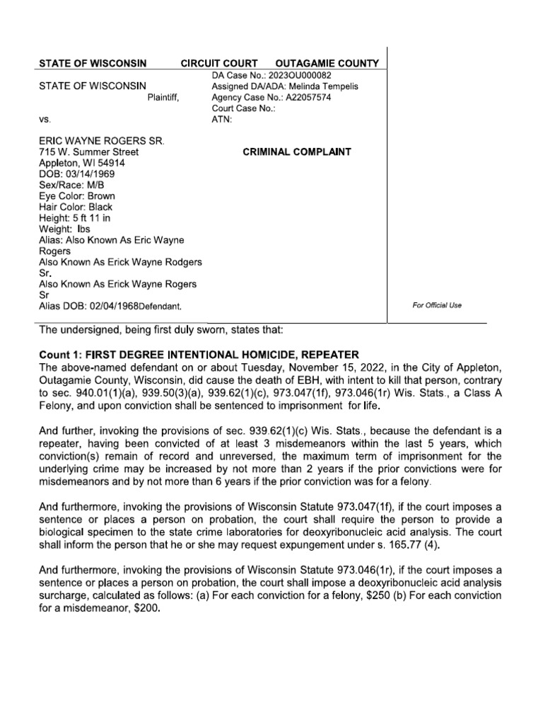 Criminal Complaint Against Eric Rogers | PDF