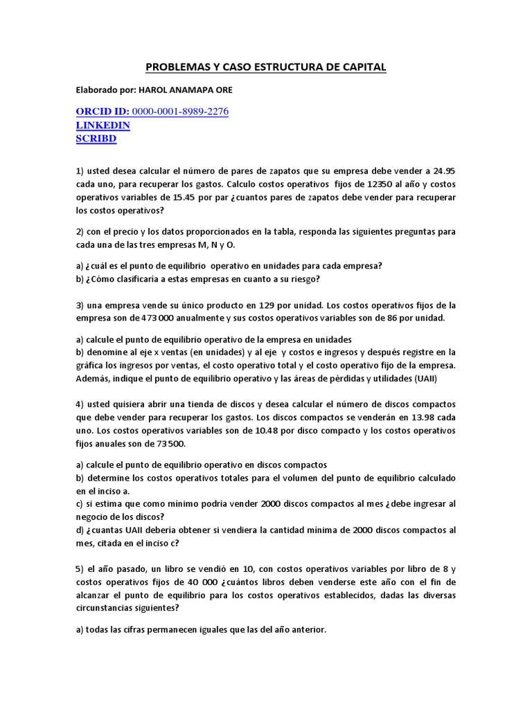 Ejercicios y Casos Sobre Estructura de Capital | Descargar gratis PDF | Apalancamiento (Finanzas ...