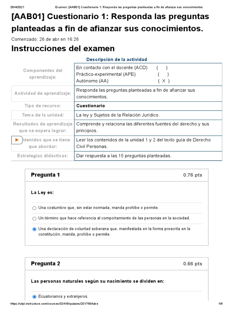 Examen - (AAB01) Cuestionario 1 - Responda Las Preguntas Planteadas A Fin de Afianzar Sus ...