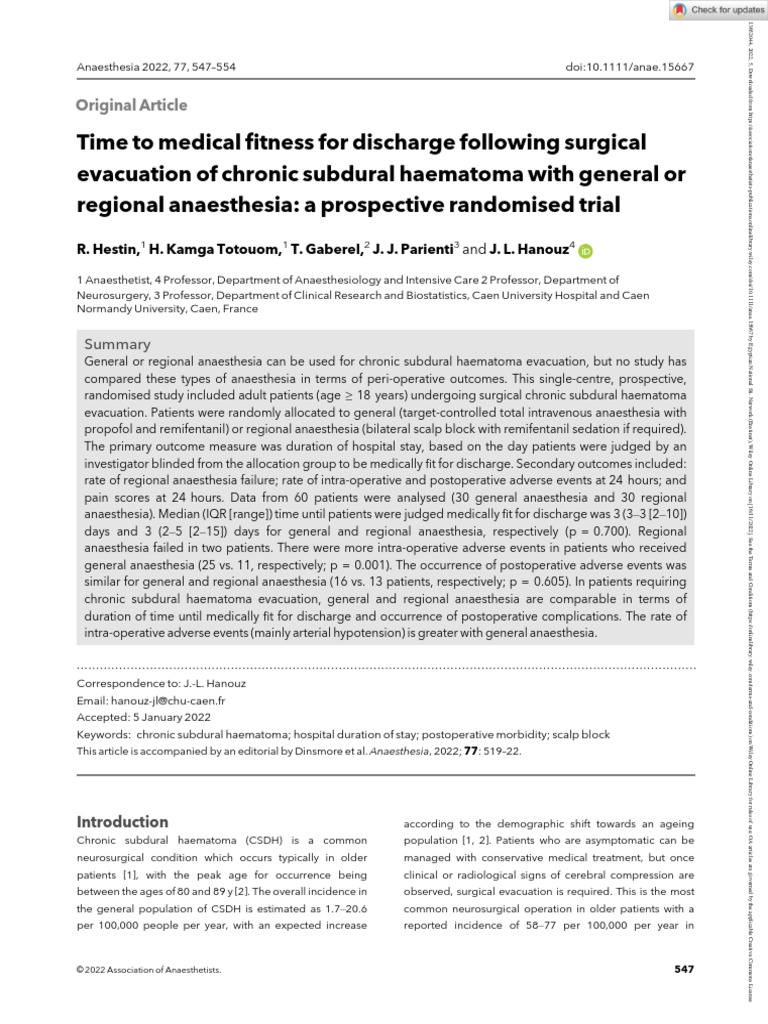 Hestin 2022 Time To Medical Fitness For Dischar | PDF | Anesthesia ...
