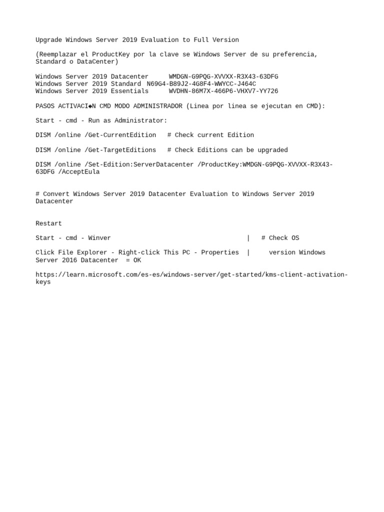 Upgrade Windows Server 2019 Evaluation To Full Version | PDF