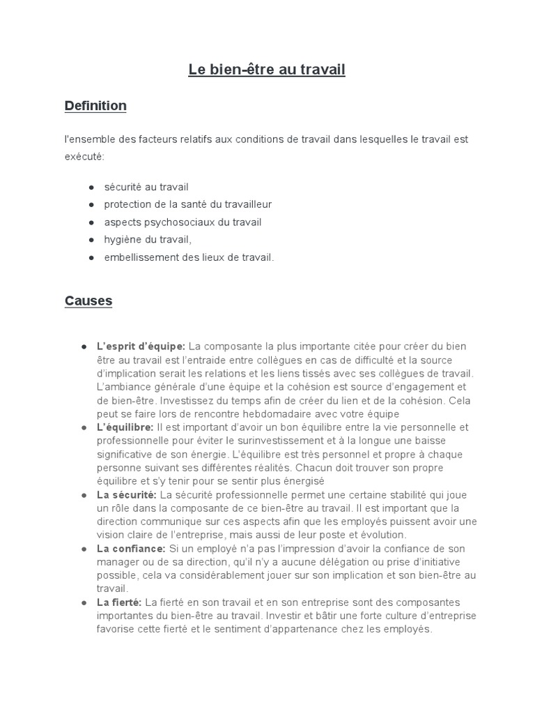Bien-être au travail : définition et enjeux | PDF | Santé et sécurité ...