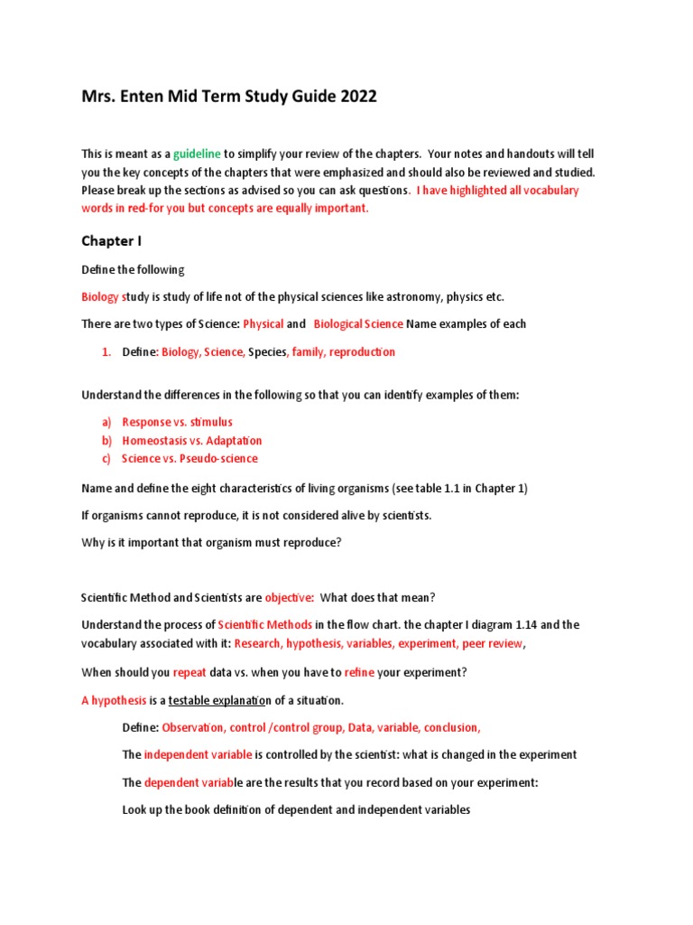 Mid Term Study Guide For 2022 Without Ecology | PDF | Meiosis | Mitosis