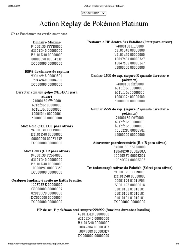 Action Replay Pokémon Platinum | PDF | Pokémon | Empresas de ...