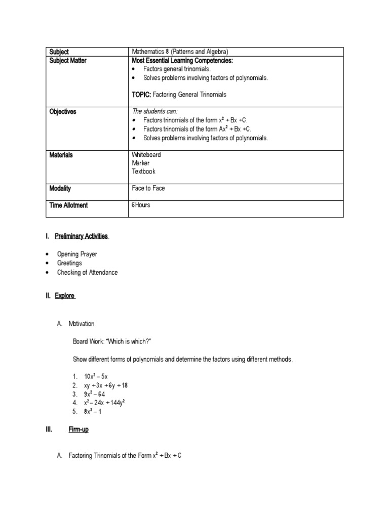 Lesson-Factoring General Trinomials | PDF | Factorization | Polynomial